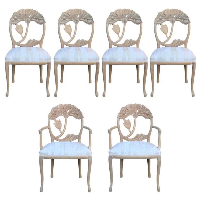 Six Lime Wash Floral Carved Dining Chairs in the Manner of Phyllis ...