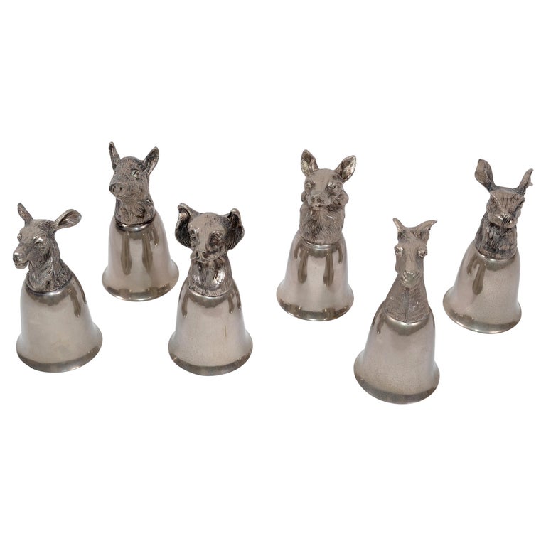 Six Mauro Manetti Silver Plate Animal Heads Stirrup Goblets Cups, Made ...