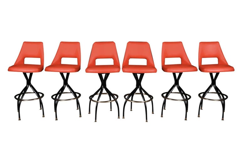 Six Midcentury Black and Orange Swivel Bar Stools 1970s For Sale at 1stDibs