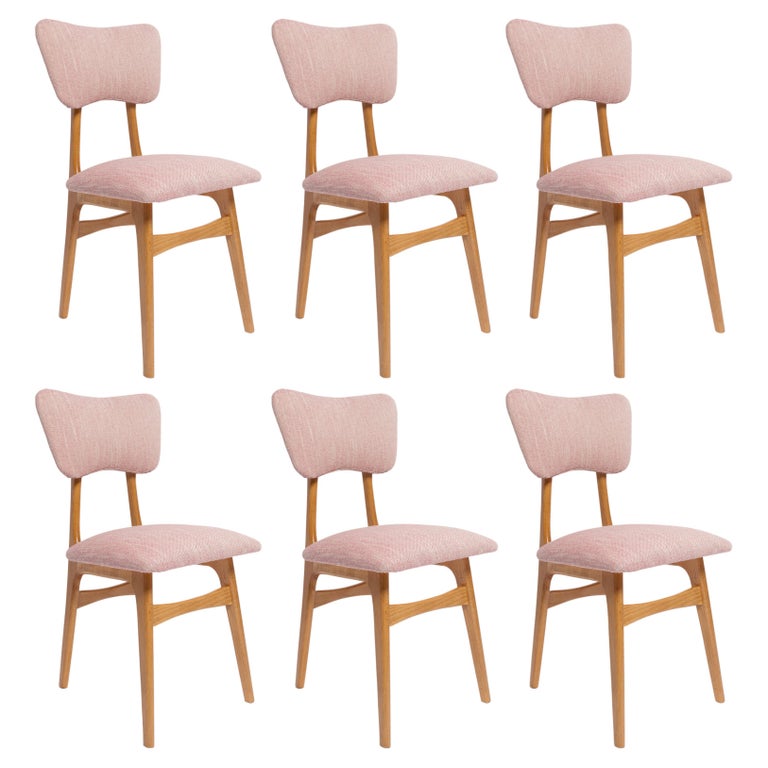 Six Mid-Century Butterfly Dining Chairs, Pink Linen, Light Wood, Europe ...