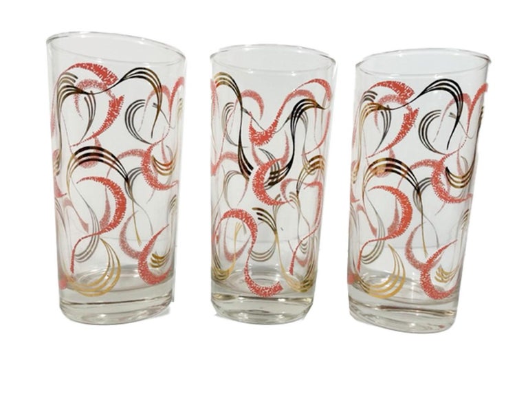 Six Mid-Century Modern Highball Glasses with Pink and Gold Streamer ...