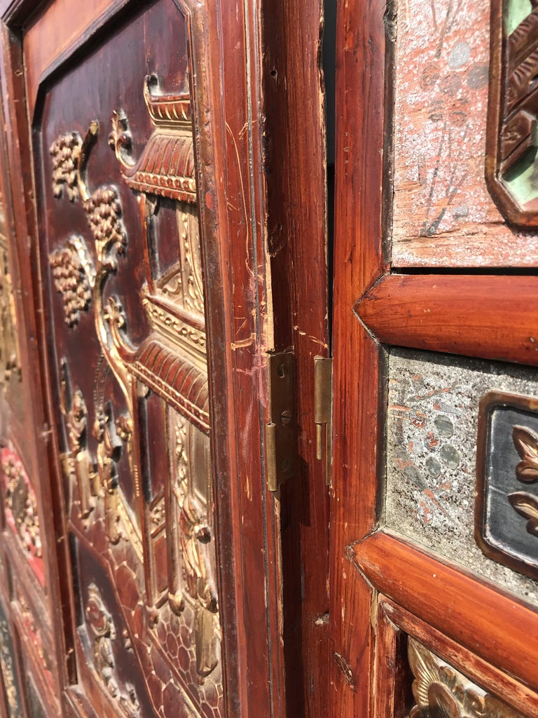 Six-Panel Carved Polychrome and Gilt Chinese Wooden Dressing Screen or ...