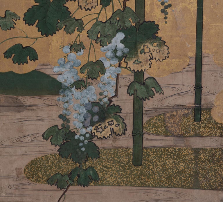 Six-Panel Japanese Folding Screen with Grapevine, Kanō School at 1stDibs