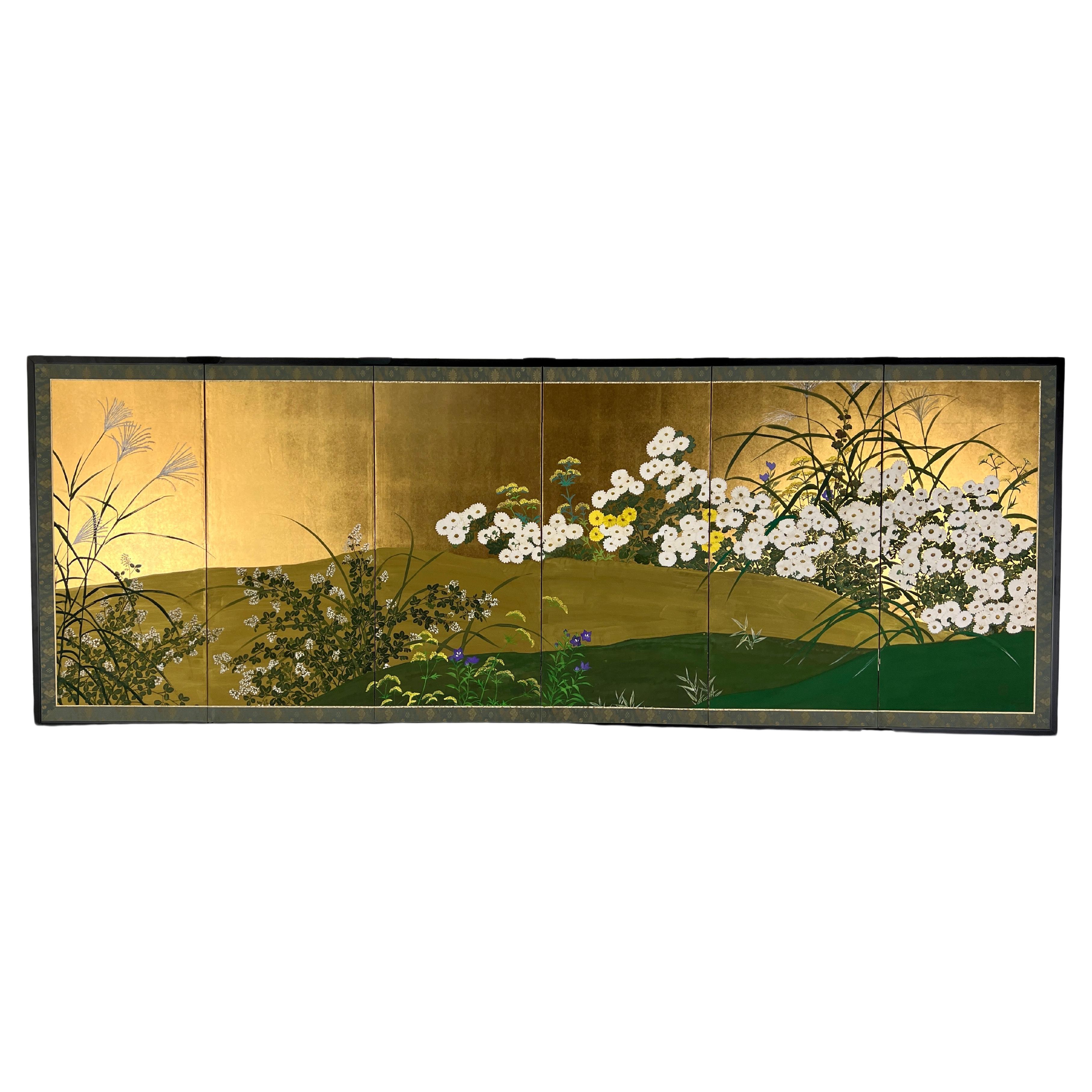 Six-Panel Painted Hanging Screen with Wild Flowers in Gold Leaf at 1stDibs