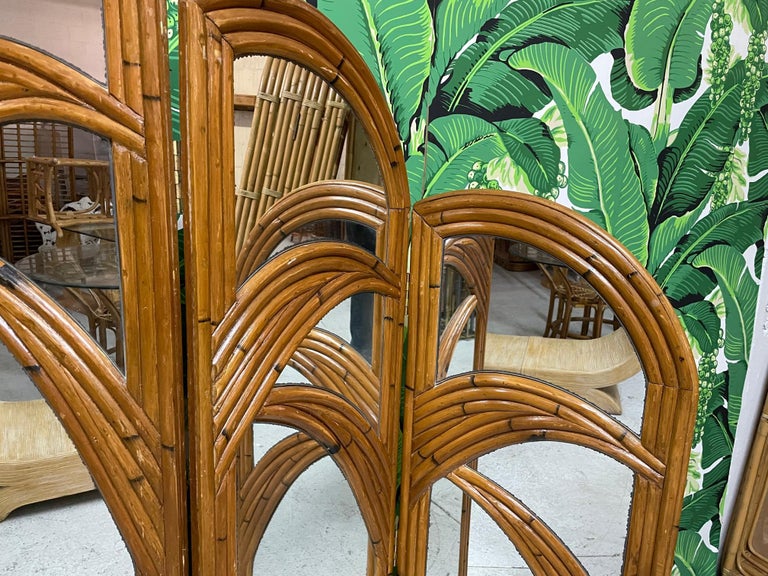 Six Panel Split Reed Rattan Mirrored Palm Tree Folding Screen at 1stDibs