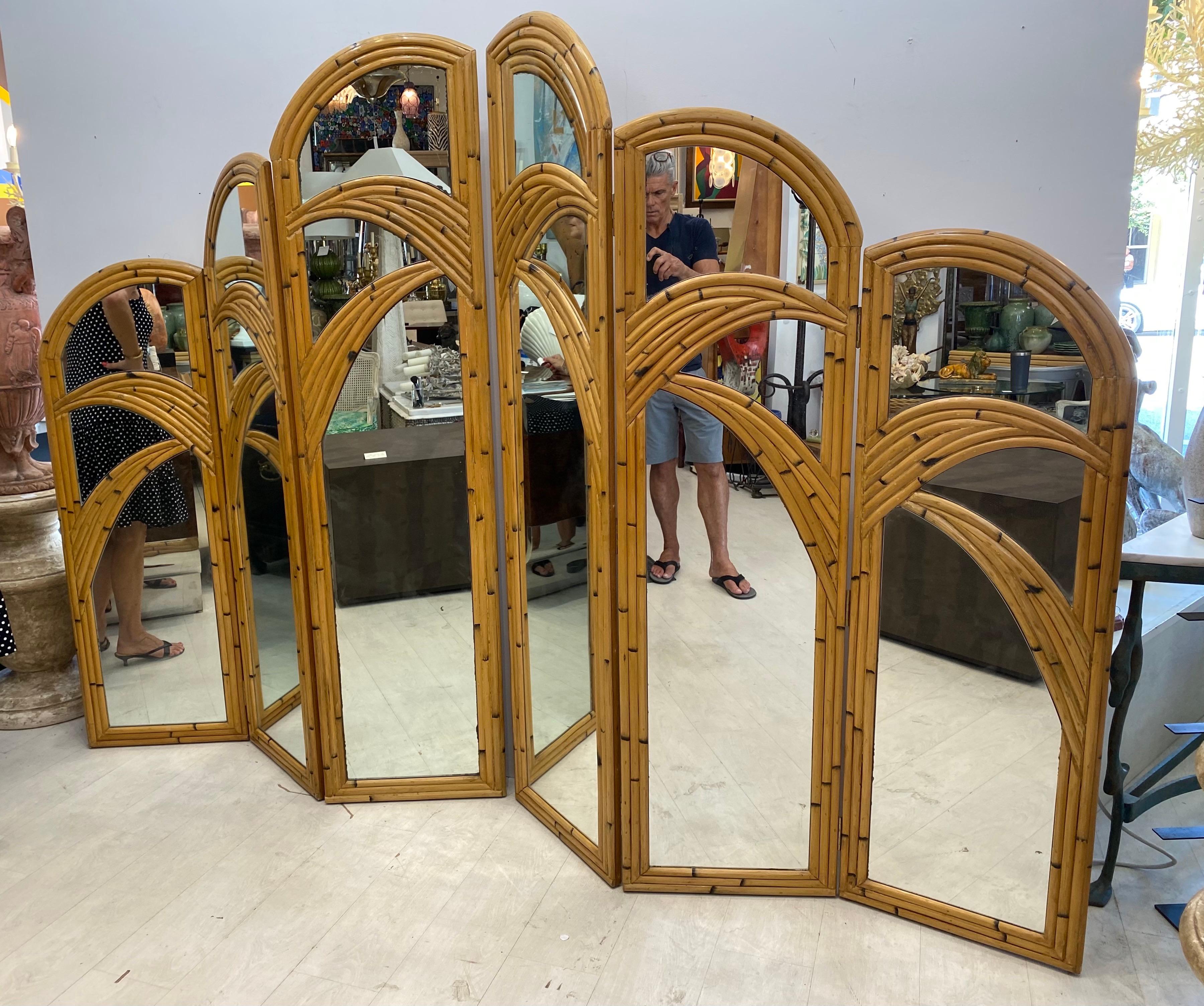 Six Panel Split Reed Rattan Mirrored Palm Tree Folding Screen Room ...