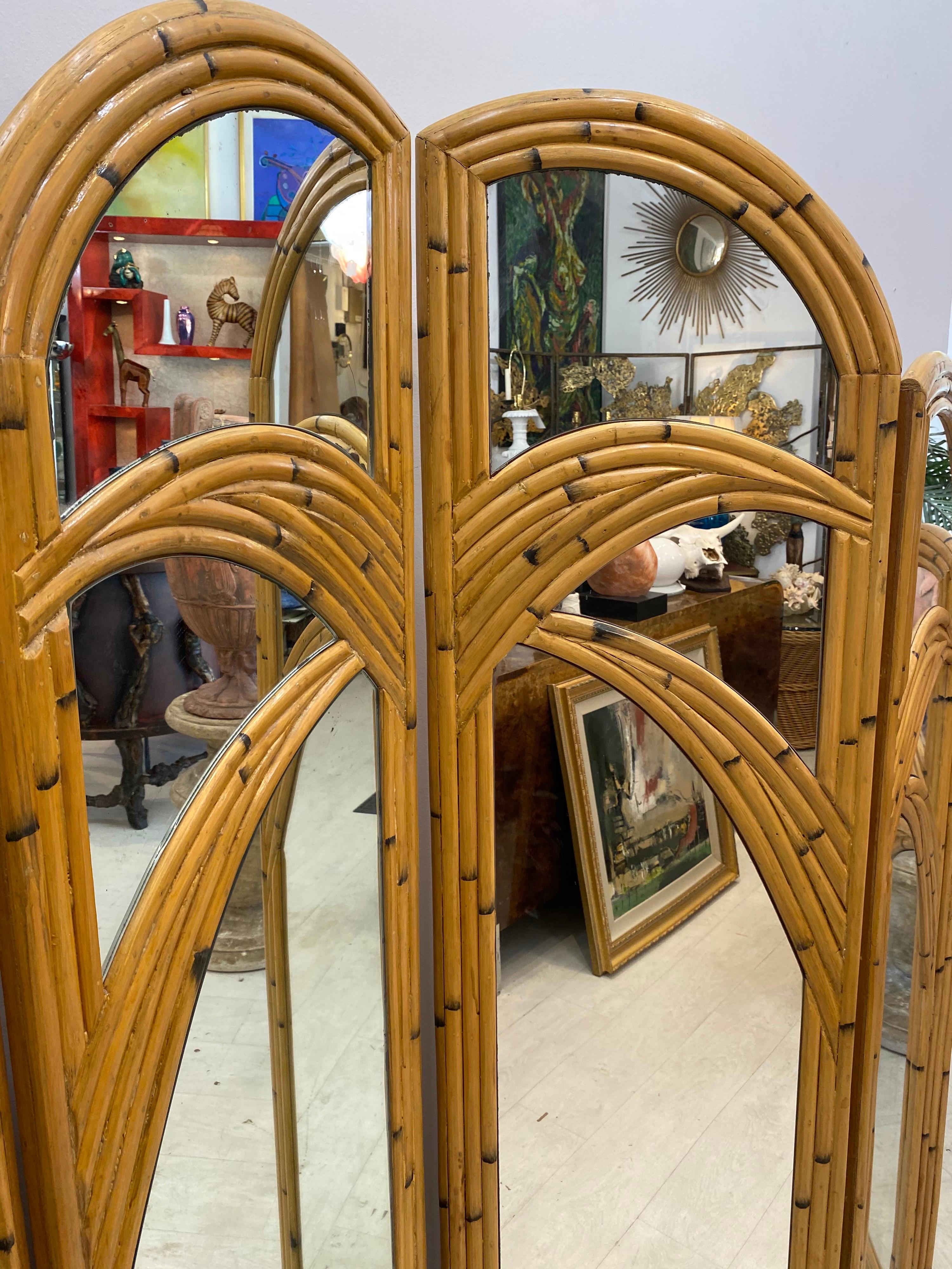 Six Panel Split Reed Rattan Mirrored Palm Tree Folding Screen Room ...