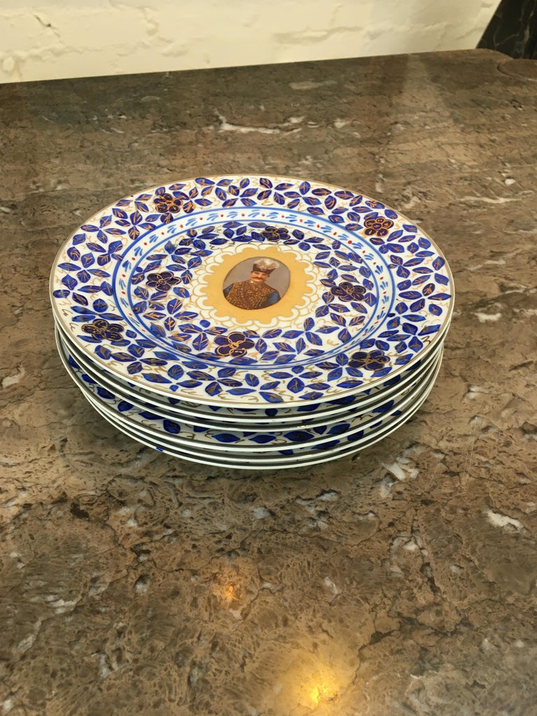 Six Persian Market Porcelain Dinner Plates Gilt Portrait Nasr Al Din ...