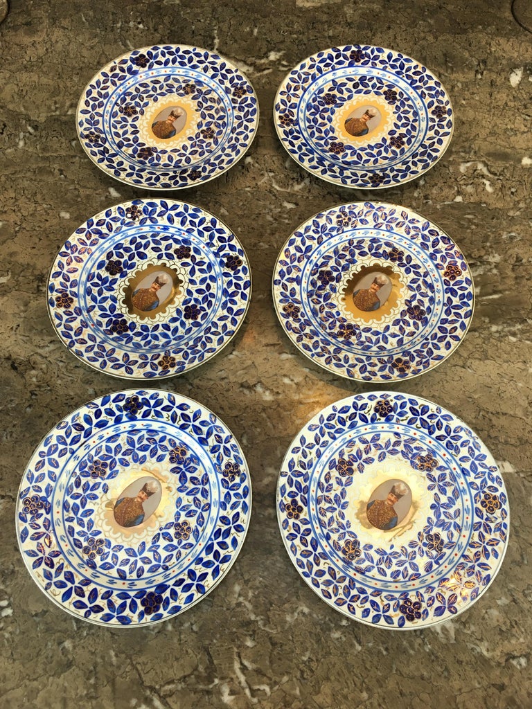 Six Persian Market Porcelain Dinner Plates Gilt Portrait Nasr Al Din ...