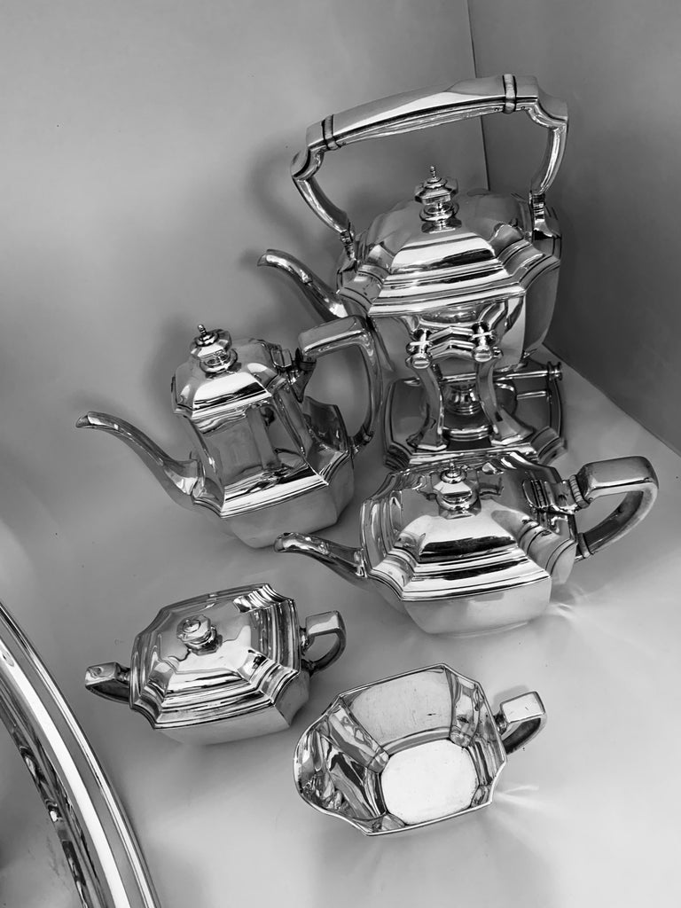 Six-Piece Tiffany and Co. Sterling Silver Kettle on Cradle W Serving ...