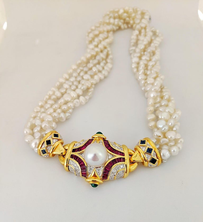 Six Strand Pearl Necklace with Diamond, Ruby, Emerald, and Blue ...