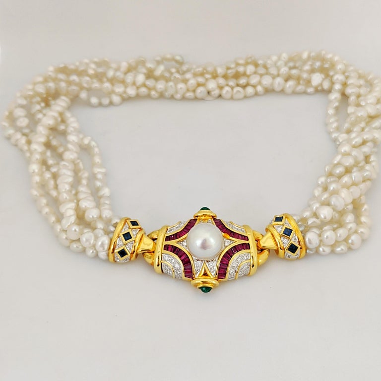 Six Strand Pearl Necklace with Diamond, Ruby, Emerald, and Blue ...