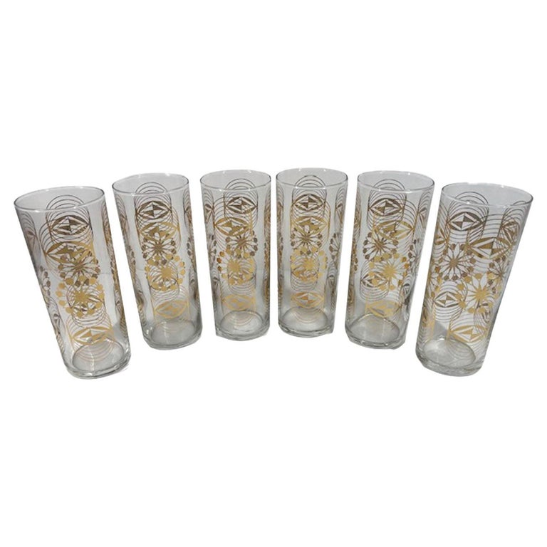 Six Vintage Ravenhead Highball Glasses with 22k Gold Geometric Designs ...