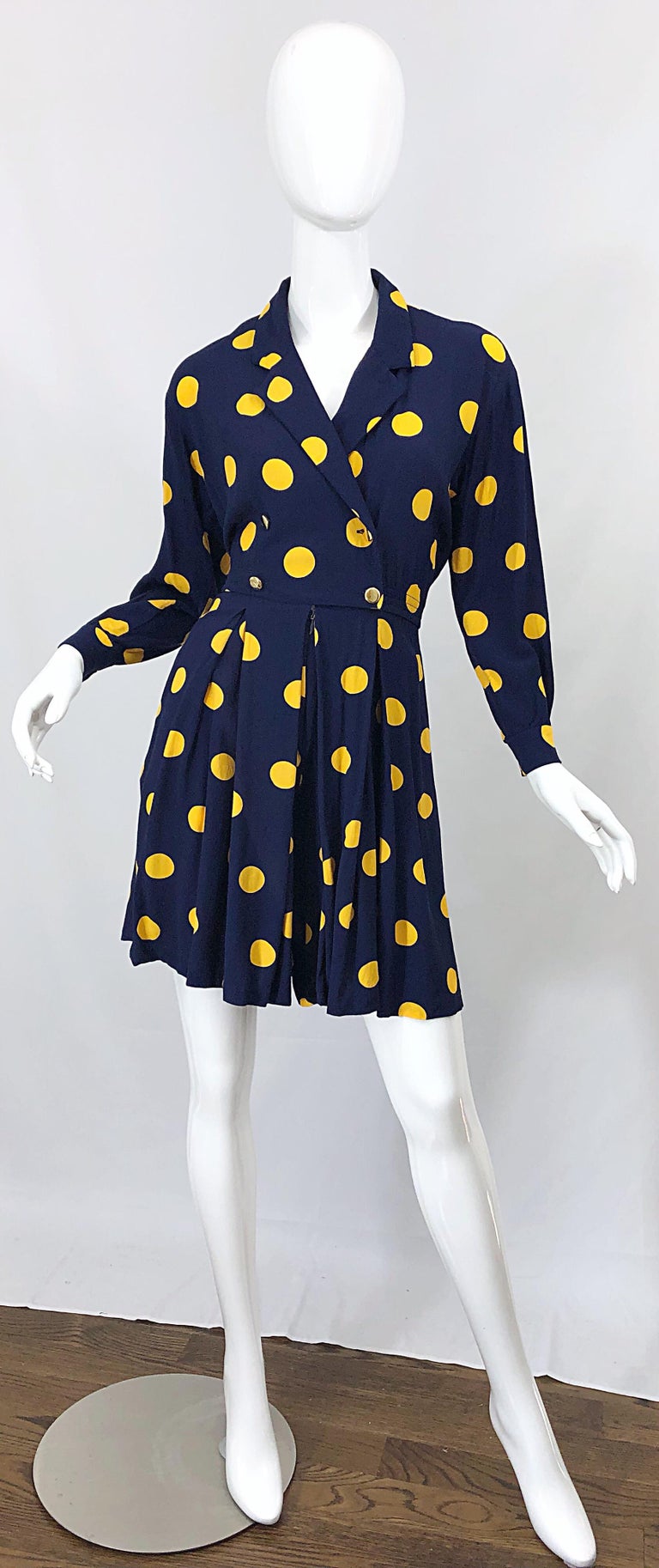 Size 8 Romper Late 1980s Navy Blue and Yellow Polka Dot 80s Vintage ...
