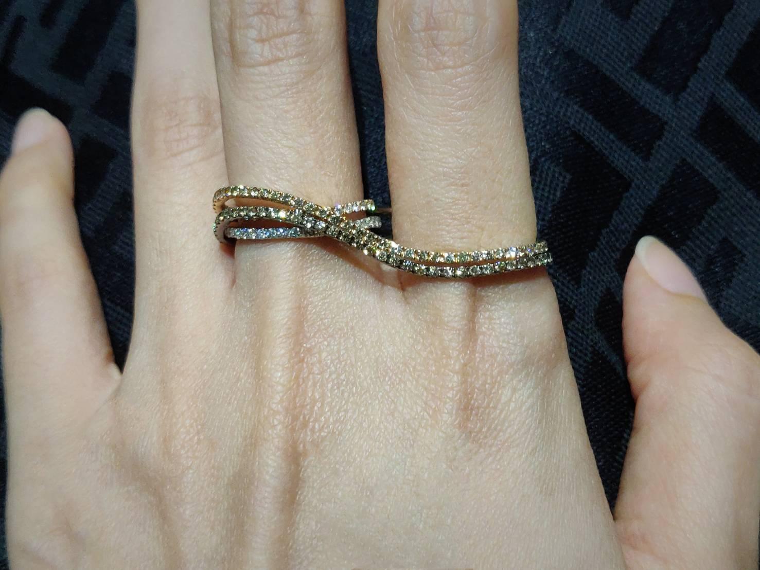 Skinny Curvy White and Champagne Diamond 18K Gold Two-Finger Double ...