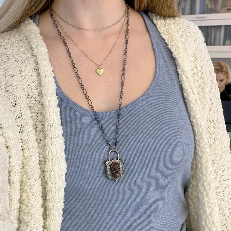 Skull Padlock Necklace with Black Onyx, Mixed Metal, and Handmade Neck ...