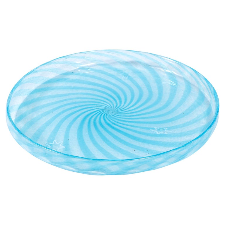 Sky Blue Hand Blown Murano Glass Tray w/ Swirling Sunburst Pattern and ...