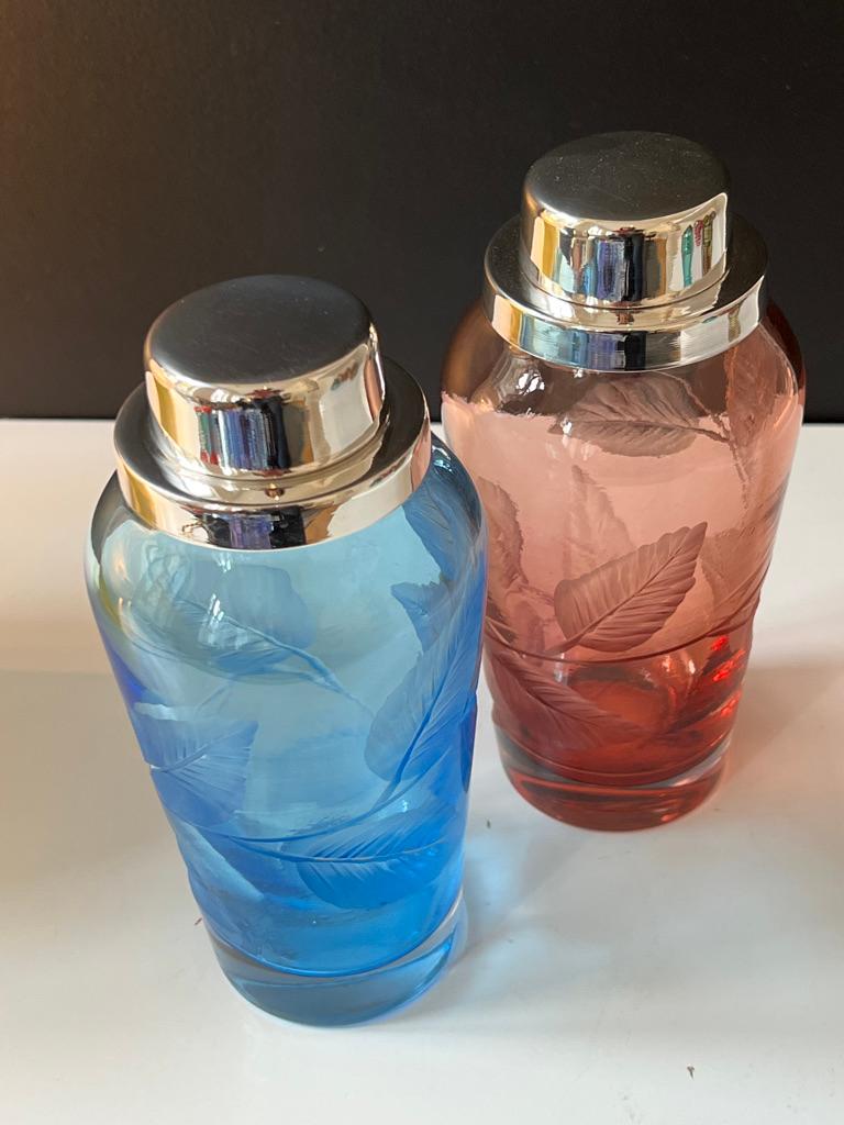 Sky Blue Spring Leaves Glass Martini Cocktail Shaker with Silver Plated ...