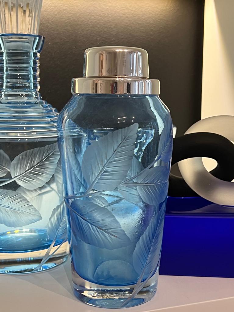 Sky Blue Spring Leaves Glass Martini Cocktail Shaker with Silver Plated ...