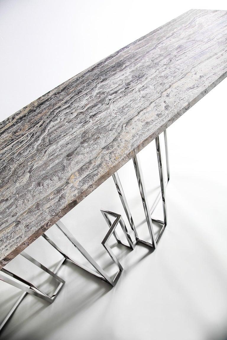 Skyline, Console in Travertine Marble and Hand Polished Stainless Steel ...