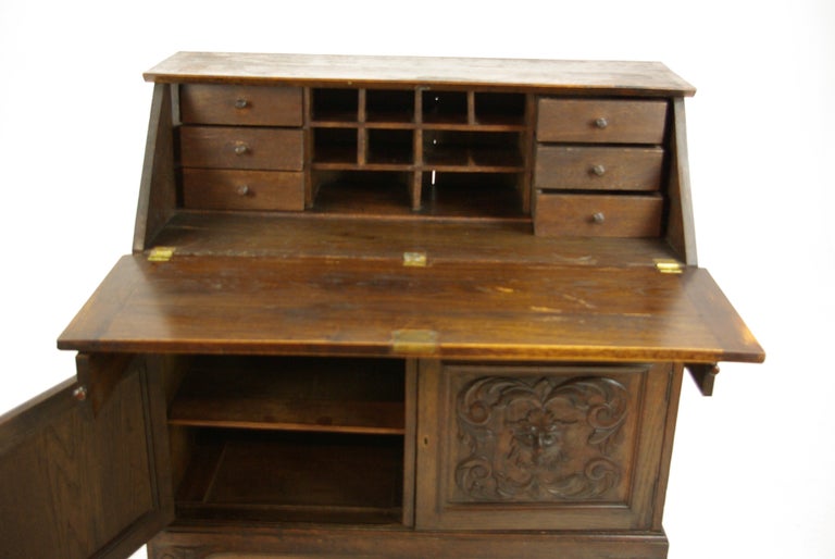 Slant Front Desk, Oak Antique Desk, Carved Oak Desk, Scotland, 1880 ...