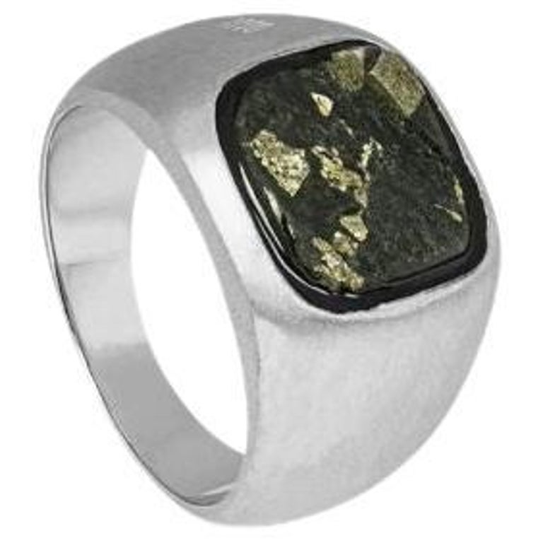 Slate Pyrite Signet Ring in Sterling Silver, Size S For Sale at 1stDibs