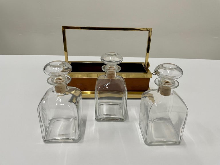 Sleek Brass and Mahogany Set of 3 Glass Liquor Decanters Tantalus For ...