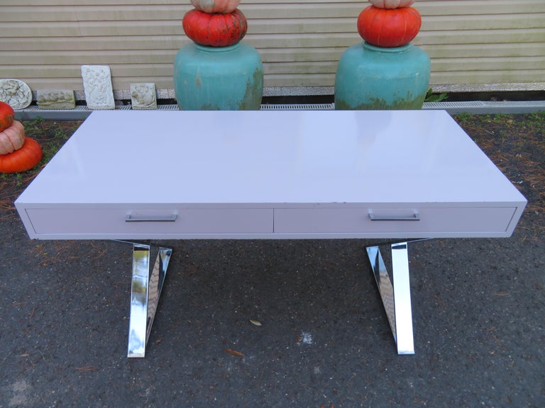 Sleek Milo Baughman Style Chrome x Base Desk John Stuart Mid-Century ...