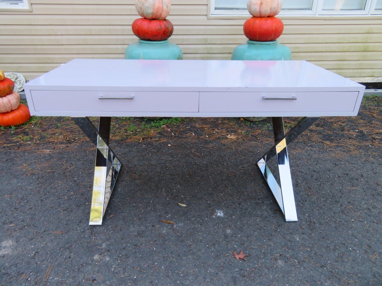 Sleek Milo Baughman Style Chrome x Base Desk John Stuart Mid-Century ...