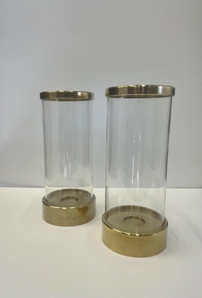 Sleek Pair of Chapman Brass and Glass Hurricanes For Sale at 1stDibs