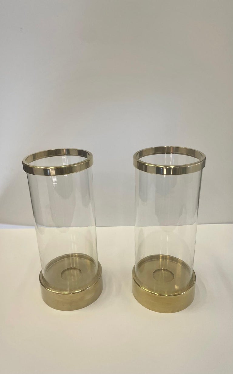 Sleek Pair of Chapman Brass and Glass Hurricanes For Sale at 1stDibs