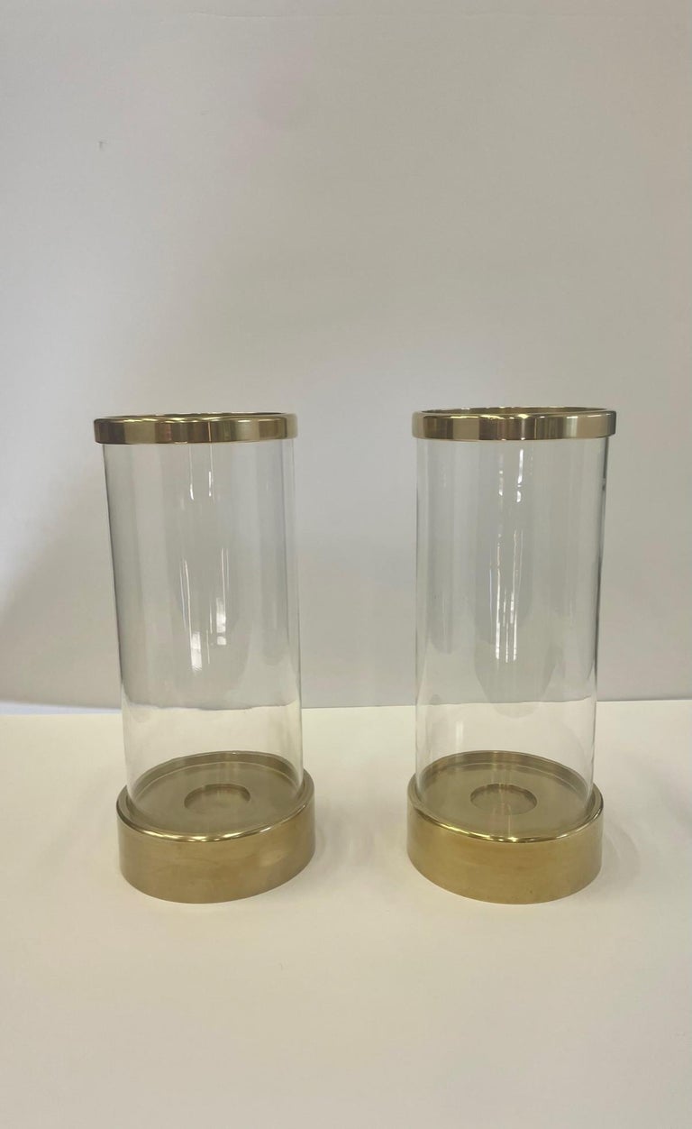 Sleek Pair of Chapman Brass and Glass Hurricanes For Sale at 1stDibs