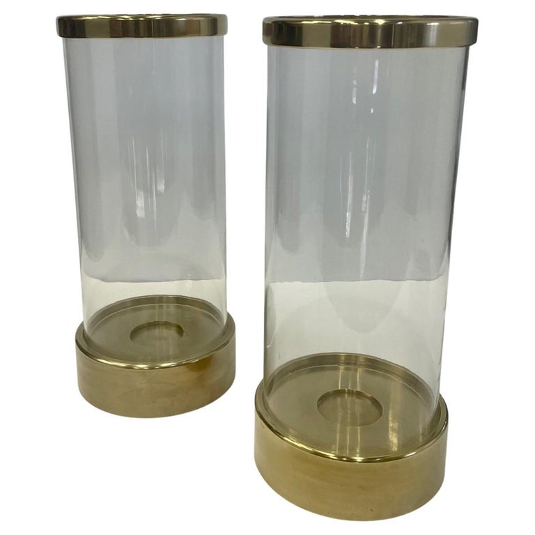 Sleek Pair of Chapman Brass and Glass Hurricanes For Sale at 1stDibs