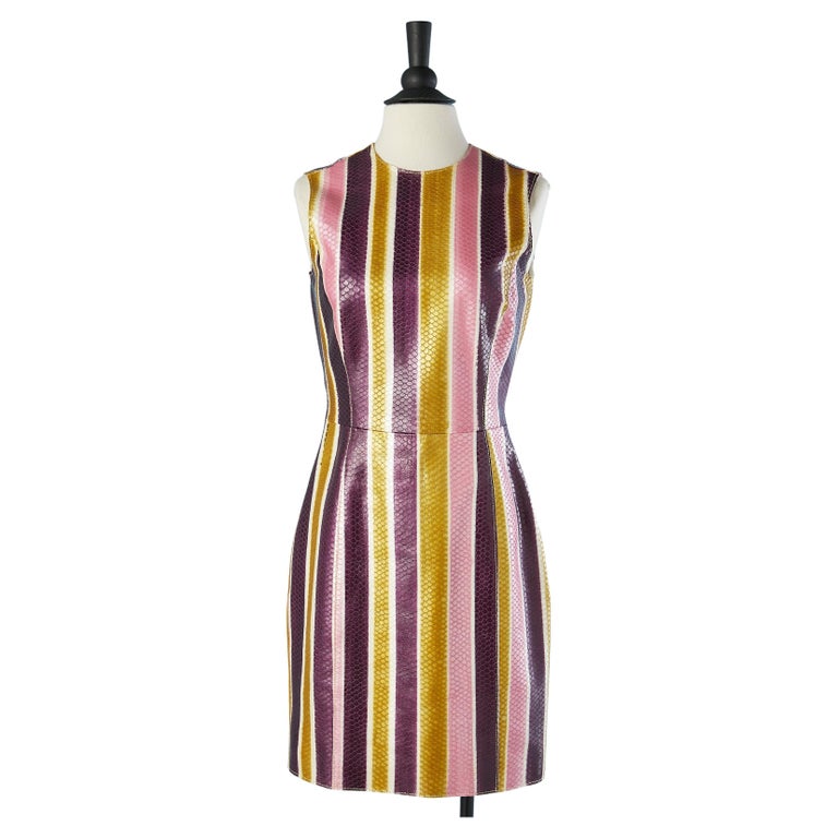 Sleeveless dress in leather with python pattern and stripes Versace ...
