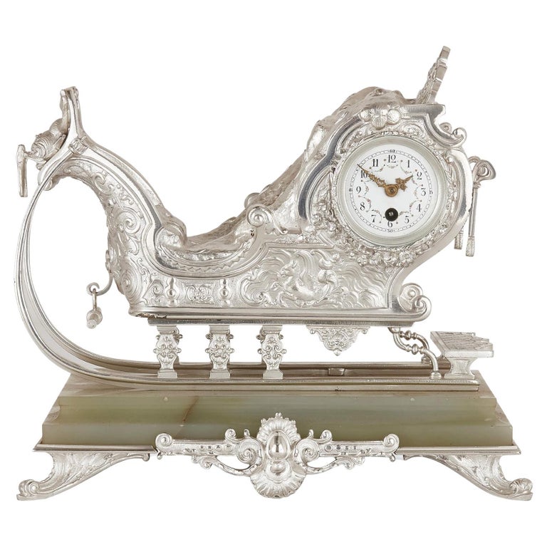 Sleigh-Form Silvered Bronze and Green Onyx Mantel Clock For Sale at 1stDibs