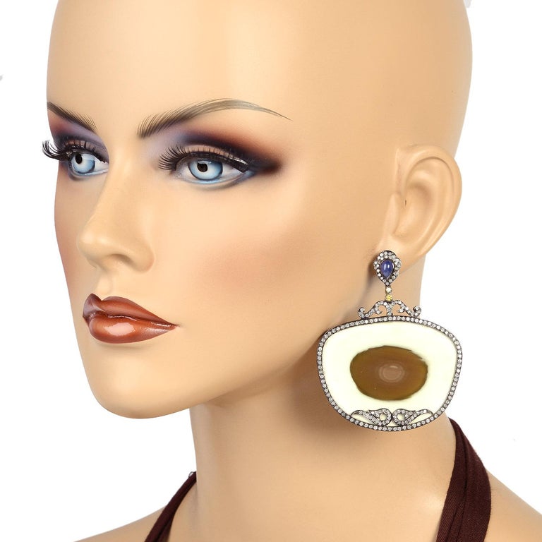 Sliced Jasper Dangle Earrings With Blue Sapphire and Pave Diamonds In ...