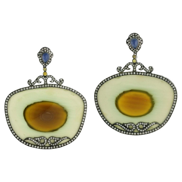Sliced Jasper Dangle Earrings With Blue Sapphire and Pave Diamonds In ...