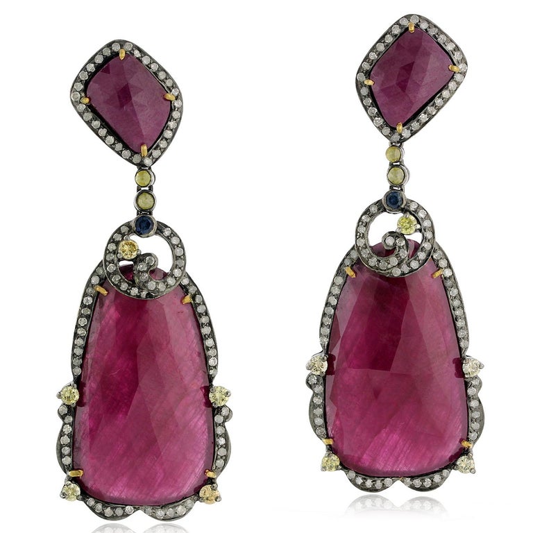 Sliced Ruby Earrings With Blue Sapphire and Pave Diamonds In 18k Gold ...