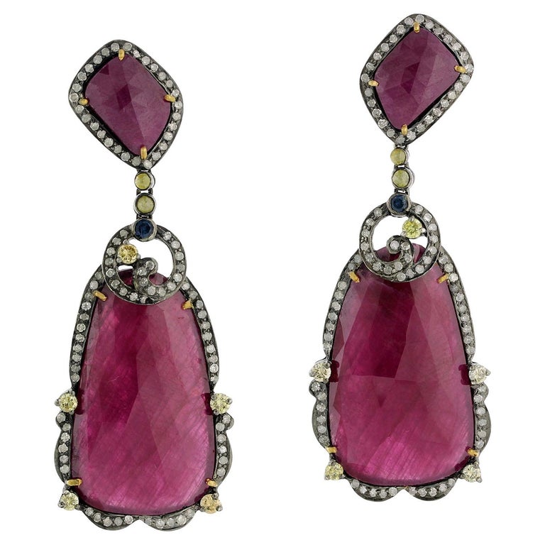 Sliced Ruby Earrings With Blue Sapphire and Pave Diamonds In 18k Gold ...