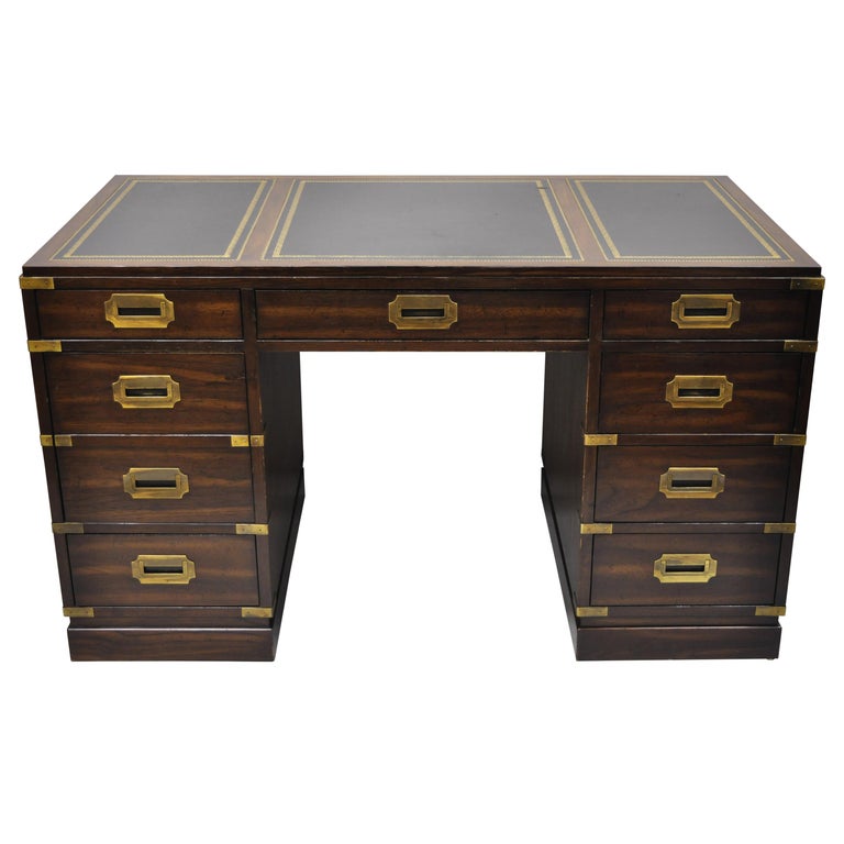 Sligh English Campaign Style Black Tooled Leather Kneehole Writing Desk ...