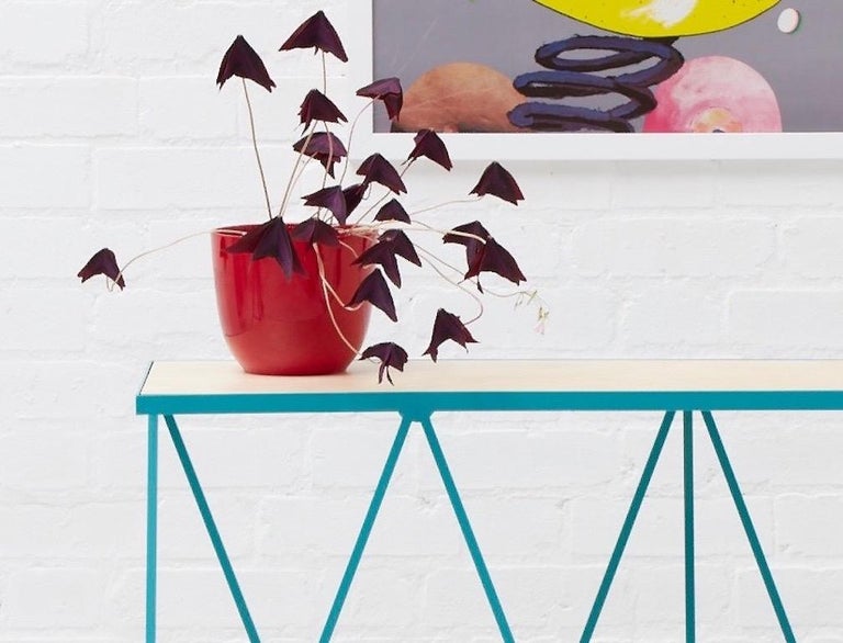 Slim Turquoise Steel Console Table with Wood Table Top / Customizable ...