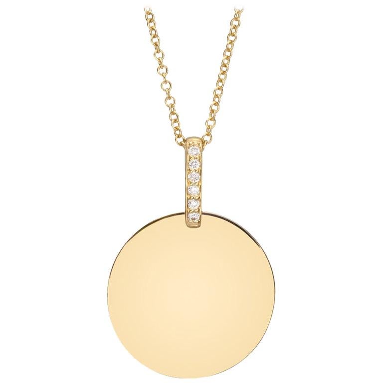 Small 14 Karat Gold Disc Pendant with Pavé Diamond Bale at 1stDibs