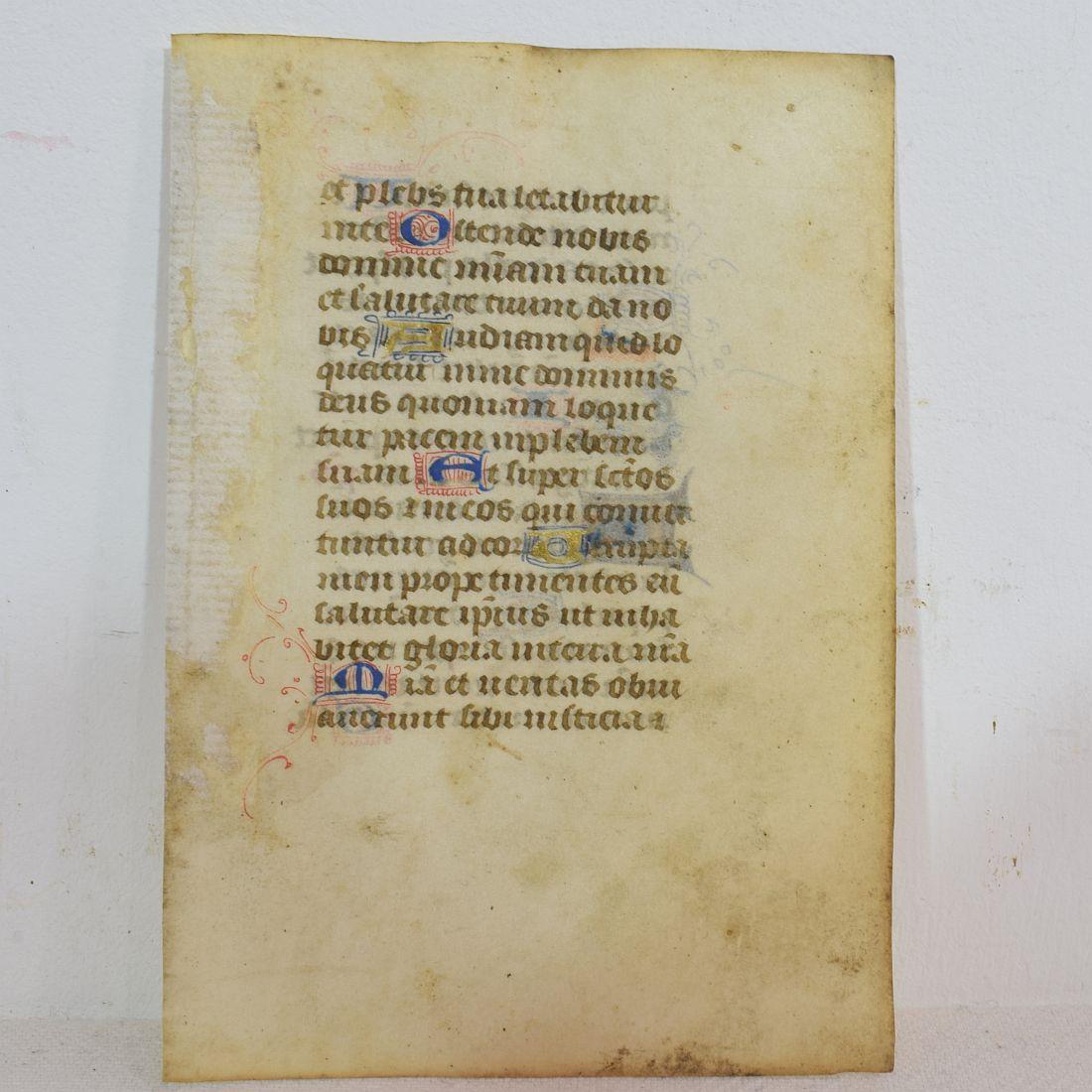 Small 15th Century French Illuminated Vellum Book Page, Handwriting at ...
