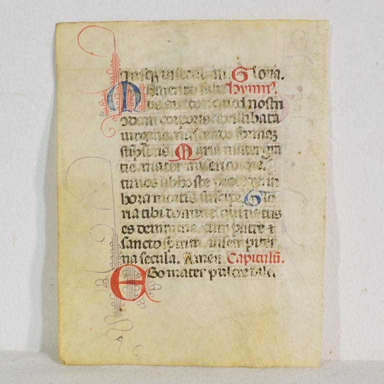 Small 15th Century Illuminated Vellum Book Page, Handwriting For Sale ...