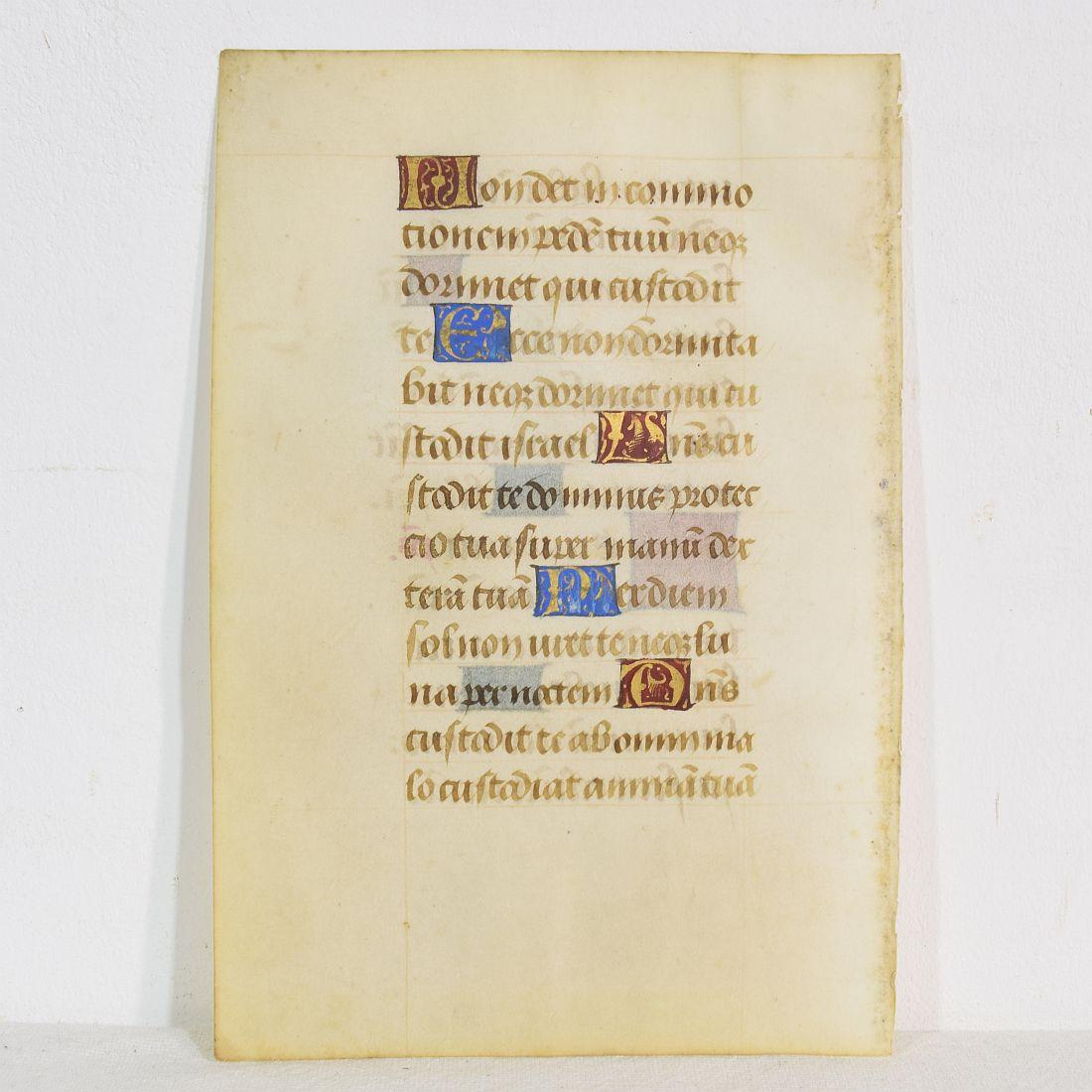 Small 15th Century Illuminated Vellum Book Page, Handwriting at 1stDibs