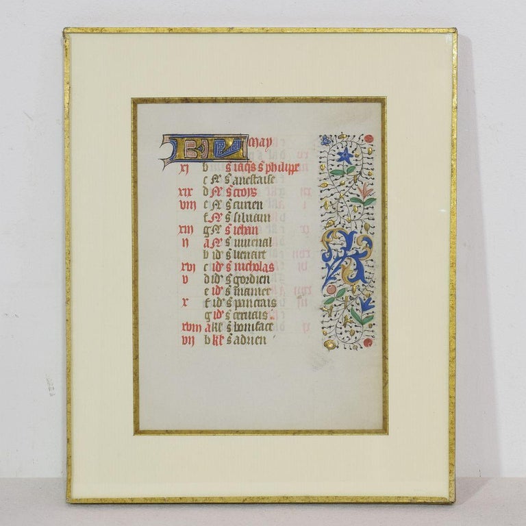 Small 15th Century Illuminated Vellum Book Page, Handwriting at 1stDibs
