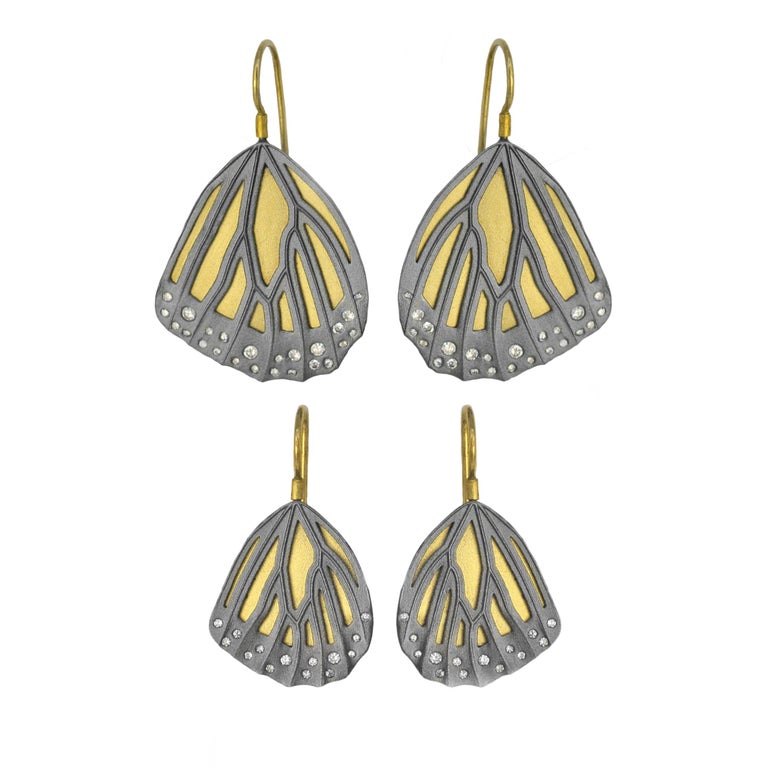 Small 18k Gold Monarch Butterfly Bottom Wing Earrings with Scattered Diamonds For Sale at 1stDibs