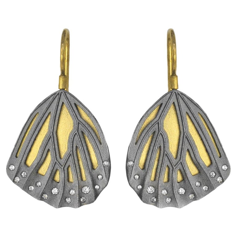 Small 18k Gold Monarch Butterfly Bottom Wing Earrings with Scattered ...