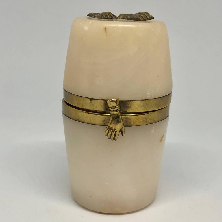 Small 18th Century Alabaster Barrel Shaped Jewelry Box W/ Brass Hands ...