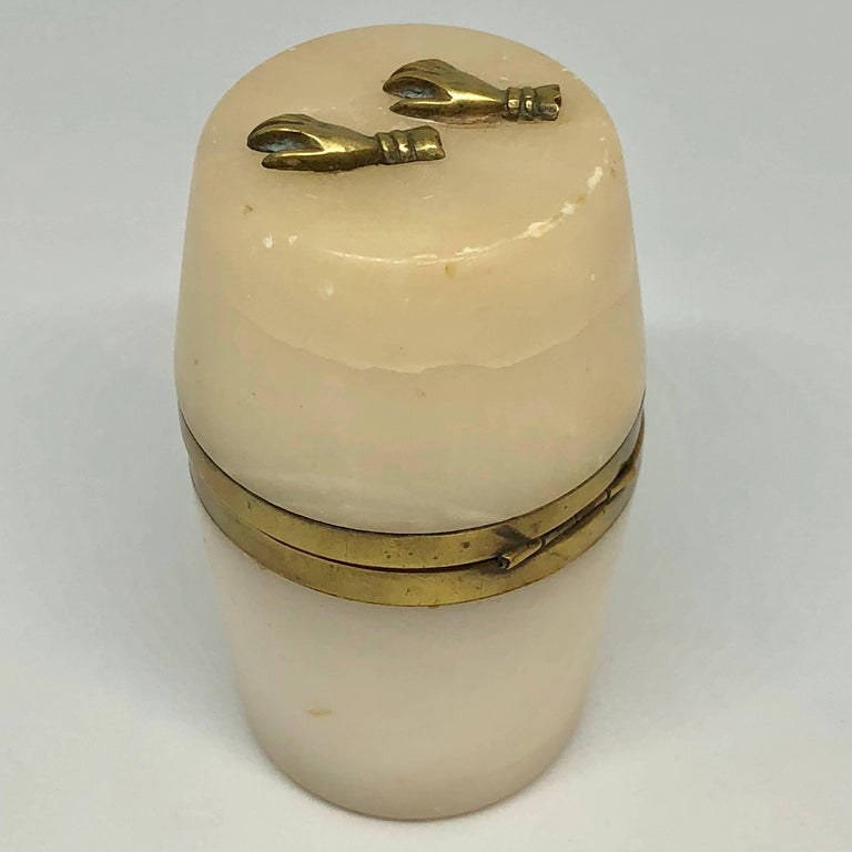 Small 18th Century Alabaster Barrel Shaped Jewelry Box W/ Brass Hands ...